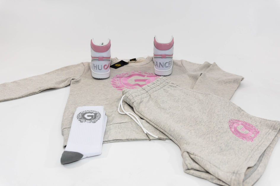 Men's Custom Grey and Pink French Terry Cotton Short Set – JGJ Custom ...